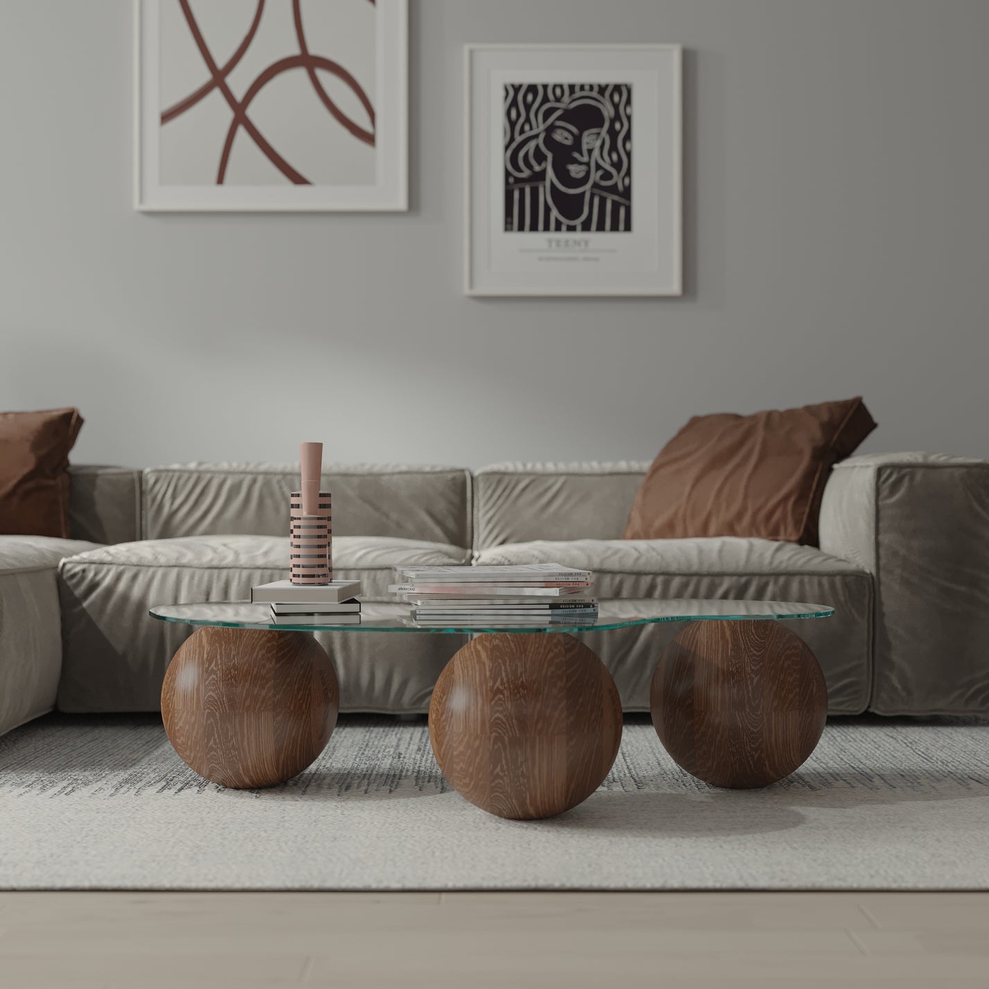 Wood Ball Coffee Table, Ball Center Table, Glass Table with Wood Balls ...