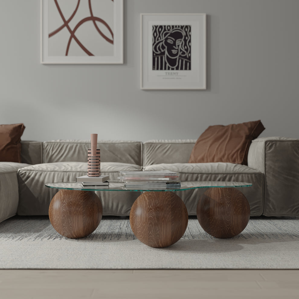Wood Ball Coffee Table, Ball Center Table, Glass Table with Wood Balls ...