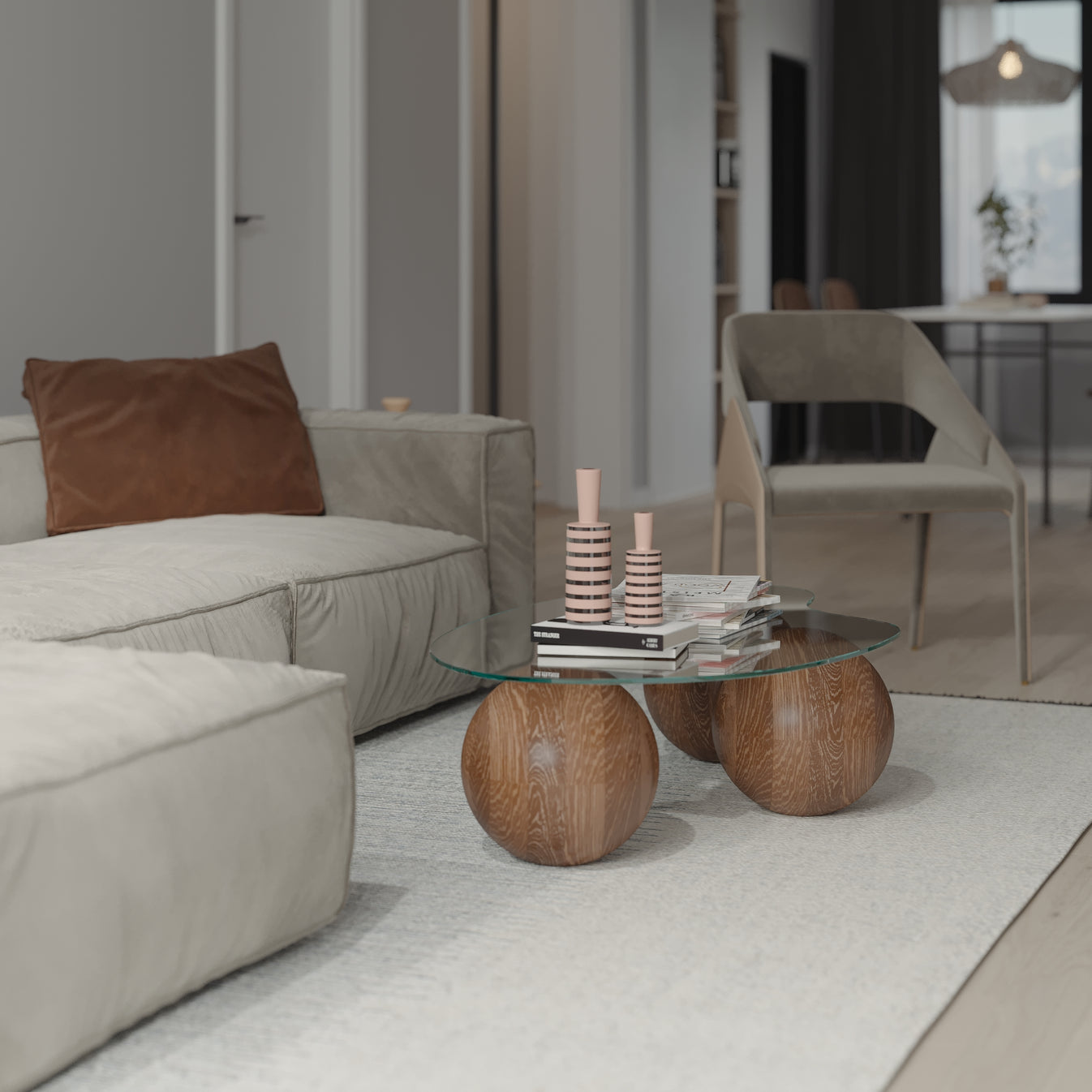 Wood Ball Coffee Table, Ball Center Table, Glass Table with Wood Balls ...